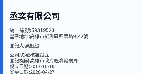 丞奕有限公司的照片-統編 59319523(高雄市) 公司登記資料與營業項目詳細圖表