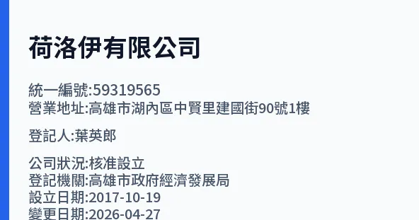 荷洛伊有限公司的照片-統編 59319565(高雄市) 公司登記資料與營業項目詳細圖表