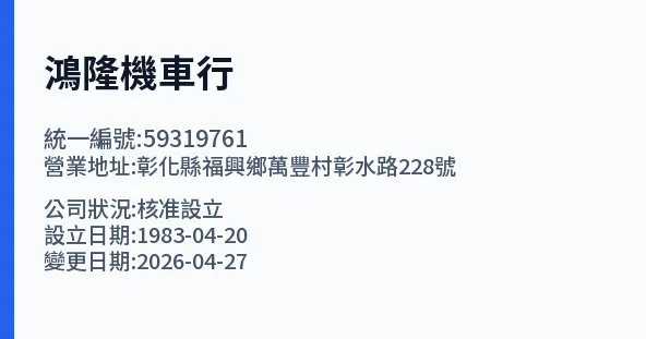 鴻隆機車行的照片-統編 59319761(彰化縣) 公司登記資料與營業項目詳細圖表