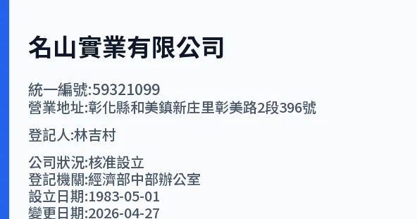 名山實業有限公司的照片-統編 59321099(彰化縣) 公司登記資料與營業項目詳細圖表