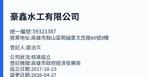 豪鑫水工有限公司的照片-統編 59321387(高雄市) 公司登記資料與營業項目詳細圖表