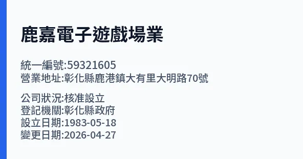 鹿嘉電子遊戲場業的照片-統編 59321605(彰化縣) 公司登記資料與營業項目詳細圖表