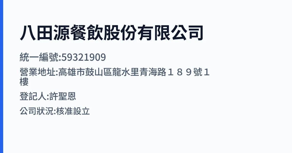 八田源餐飲股份有限公司 - 統編 59321909（高雄市） 公司登記資料與營業項目詳細圖表