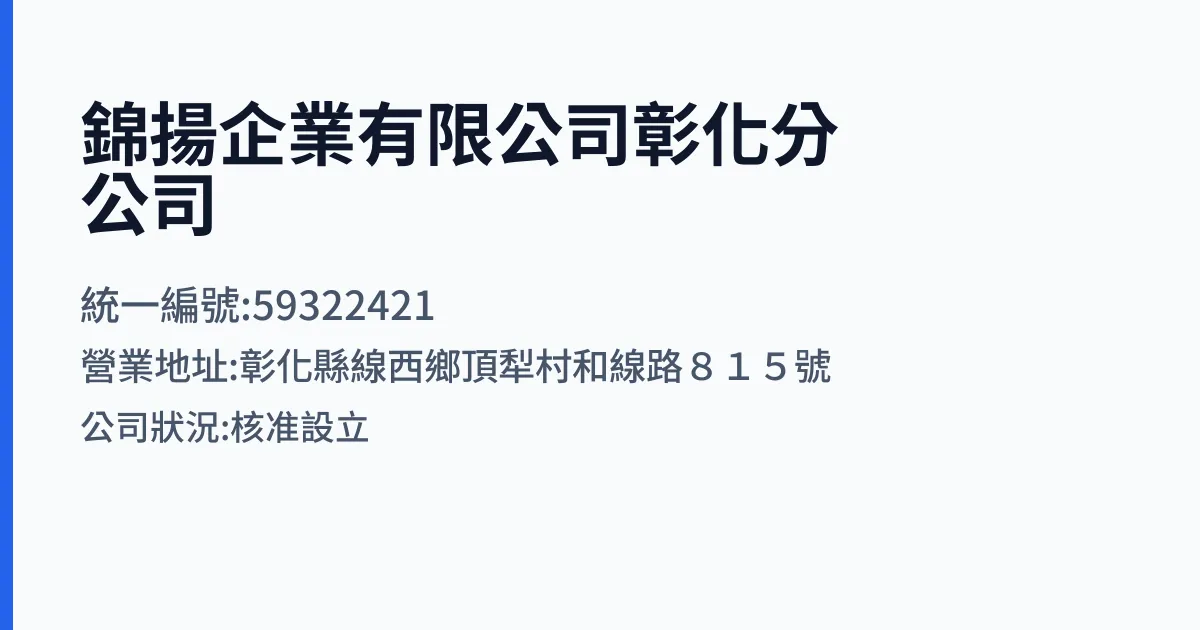 錦揚企業有限公司彰化分公司 - 統編 59322421(彰化縣) 公司登記資料與營業項目詳細圖表