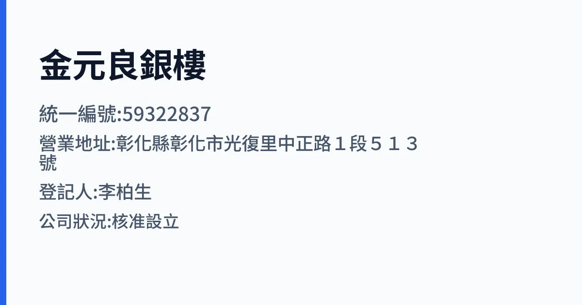 金元良銀樓 - 統編 59322837(彰化縣) 公司登記資料與營業項目詳細圖表