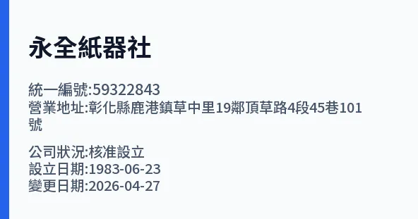 永全紙器社的照片-統編 59322843(彰化縣) 公司登記資料與營業項目詳細圖表