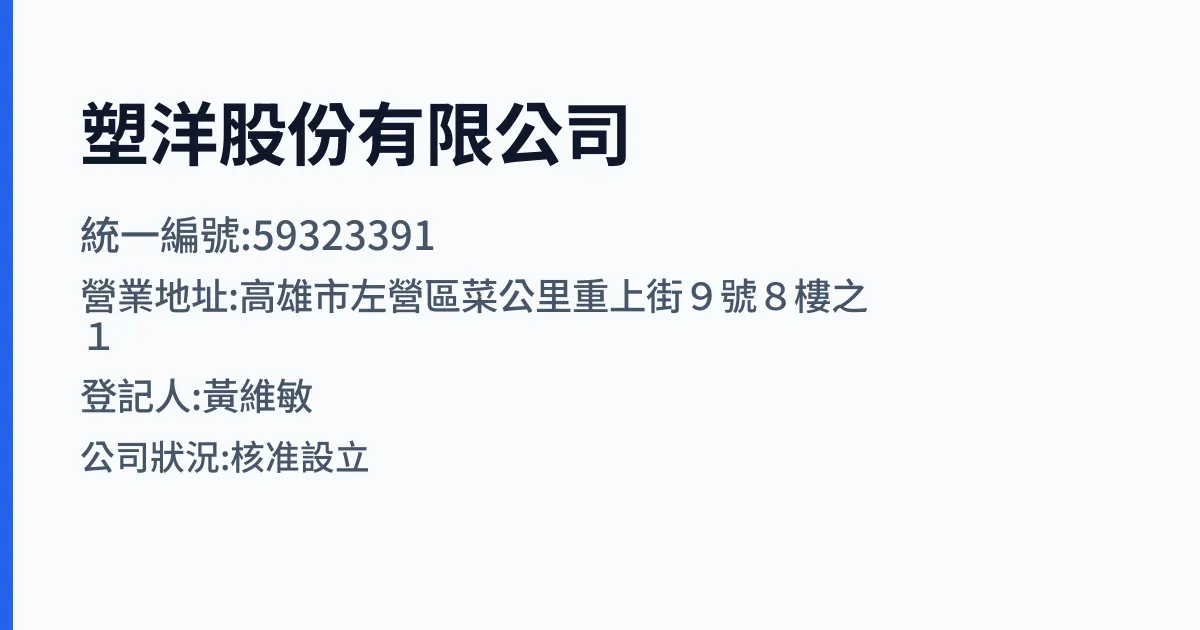 塑洋股份有限公司 - 統編 59323391(高雄市) 公司登記資料與營業項目詳細圖表
