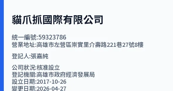 貓爪抓國際有限公司的照片-統編 59323786(高雄市) 公司登記資料與營業項目詳細圖表