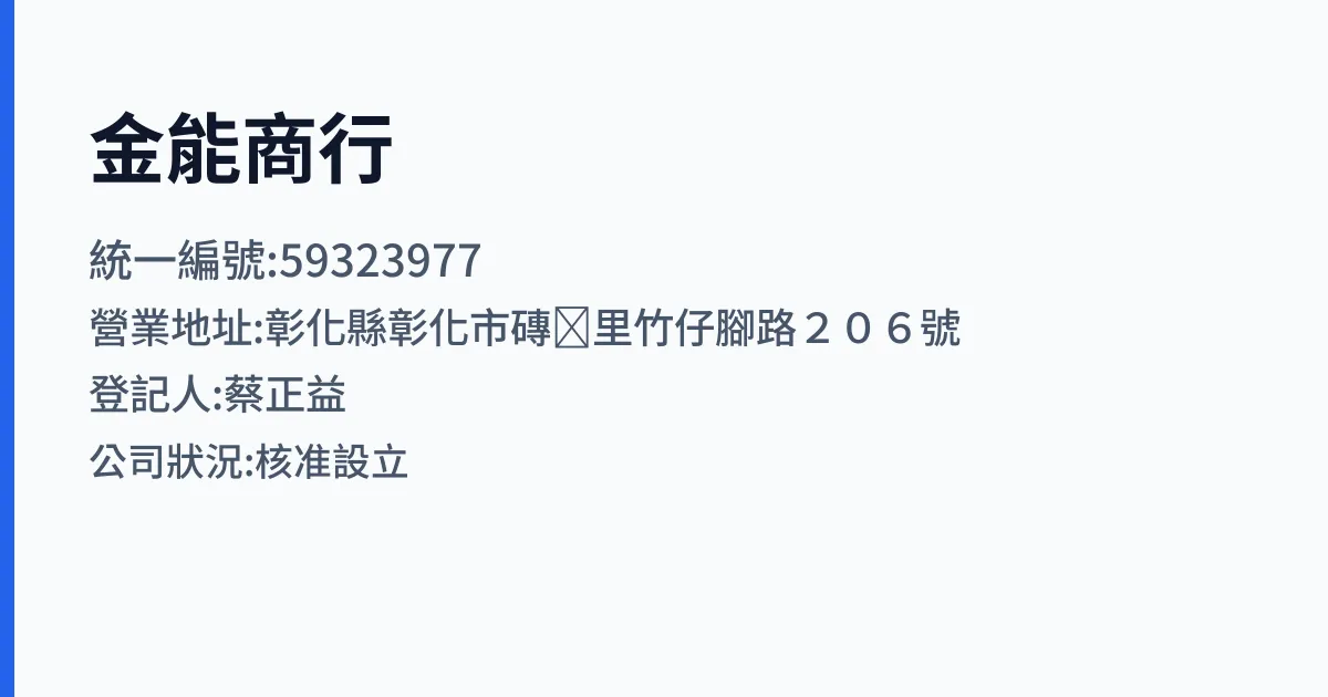金能商行 - 統編 59323977(彰化縣) 公司登記資料與營業項目詳細圖表