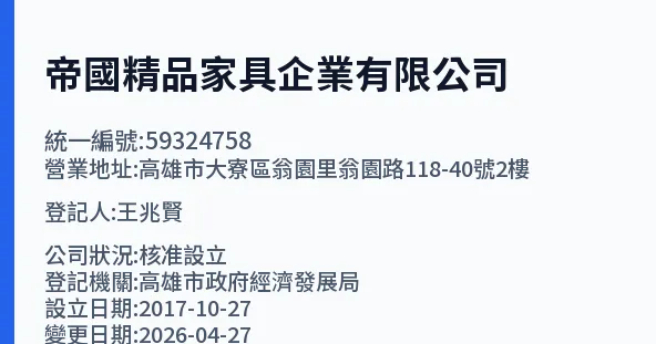帝國精品家具企業有限公司的照片-統編 59324758(高雄市) 公司登記資料與營業項目詳細圖表