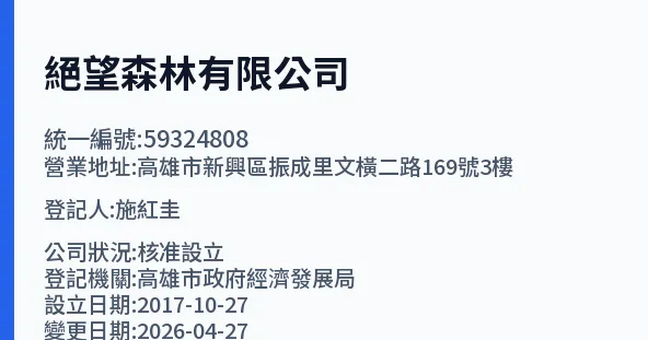 絕望森林有限公司的照片-統編 59324808(高雄市) 公司登記資料與營業項目詳細圖表
