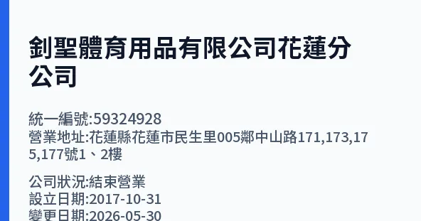 釗聖體育用品有限公司花蓮分公司的照片-統編 59324928(花蓮縣) 公司登記資料與營業項目詳細圖表