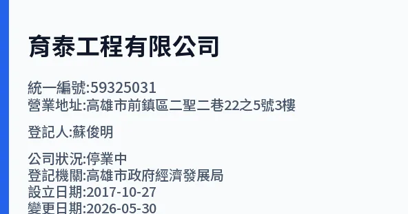 育泰工程有限公司的照片-統編 59325031(高雄市) 公司登記資料與營業項目詳細圖表