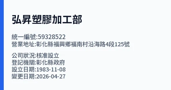 弘昇塑膠加工部的照片-統編 59328522(彰化縣) 公司登記資料與營業項目詳細圖表