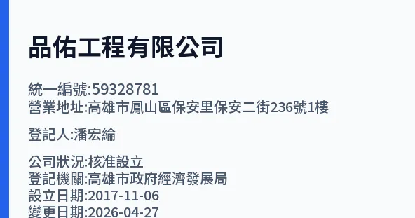 品佑工程有限公司的照片-統編 59328781(高雄市) 公司登記資料與營業項目詳細圖表