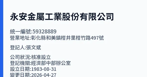 永安金屬工業股份有限公司的照片-統編 59328889(彰化縣) 公司登記資料與營業項目詳細圖表