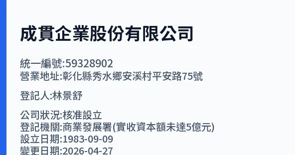 成貫企業股份有限公司的照片-統編 59328902(彰化縣) 公司登記資料與營業項目詳細圖表