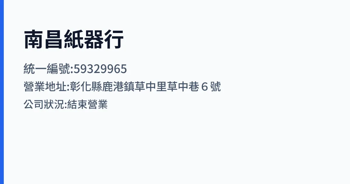 南昌紙器行 - 統編 59329965(彰化縣) 公司登記資料與營業項目詳細圖表