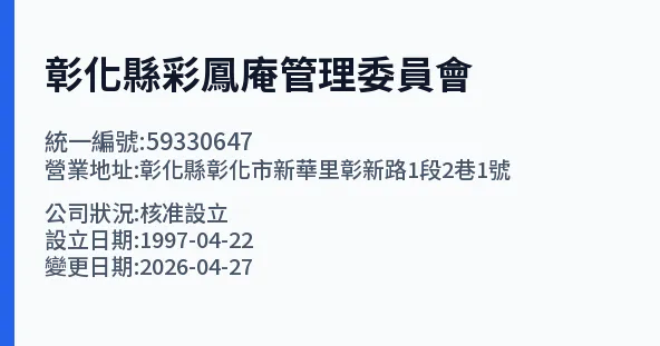 彰化縣彩鳳庵管理委員會的照片-統編 59330647(彰化縣) 公司登記資料與營業項目詳細圖表