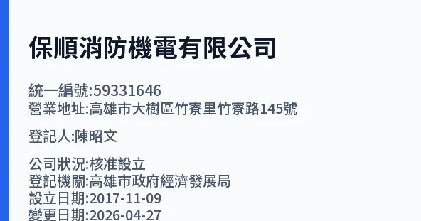保順消防機電有限公司的照片-統編 59331646(高雄市) 公司登記資料與營業項目詳細圖表