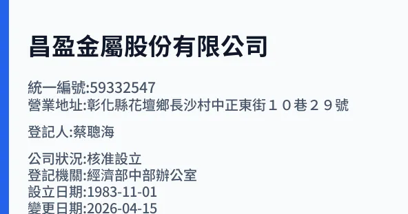 昌盈金屬股份有限公司的照片-統編 59332547(彰化縣) 公司登記資料與營業項目詳細圖表