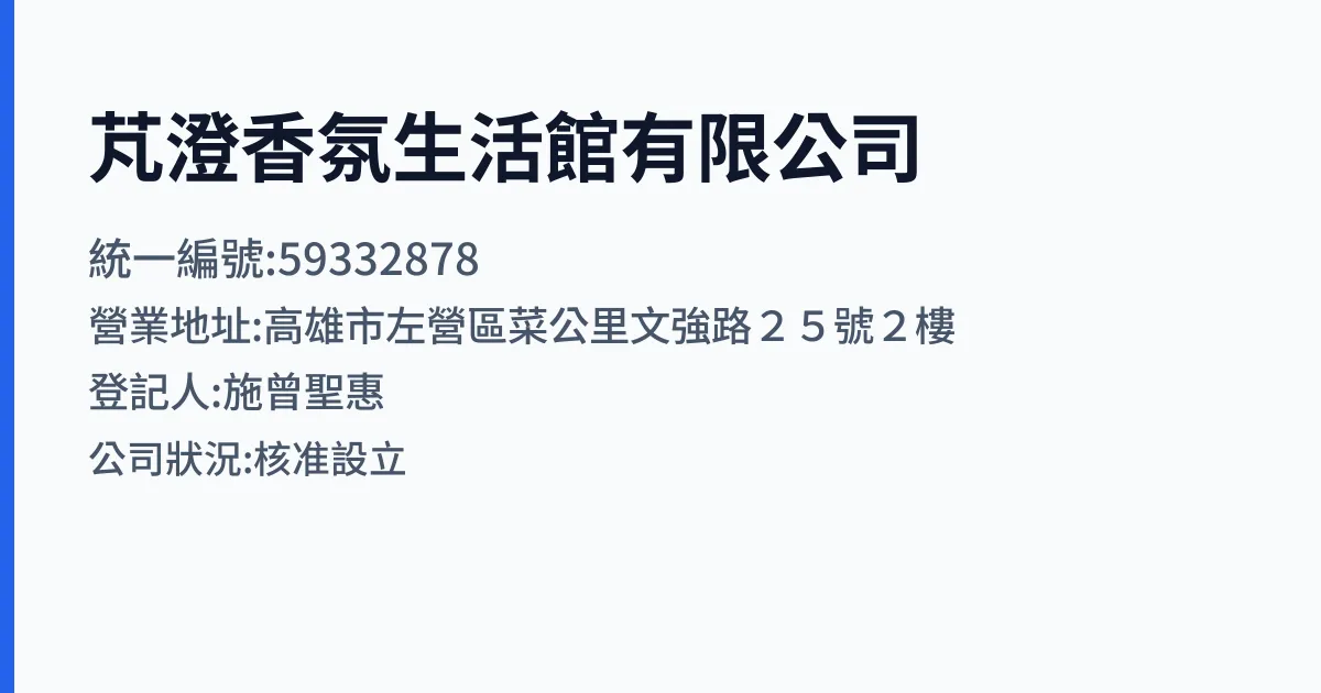 芃澄香氛生活館有限公司 - 統編 59332878(高雄市) 公司登記資料與營業項目詳細圖表