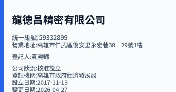 龍德昌精密有限公司的照片-統編 59332899(高雄市) 公司登記資料與營業項目詳細圖表