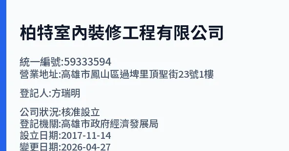 柏特室內裝修工程有限公司的照片-統編 59333594(高雄市) 公司登記資料與營業項目詳細圖表