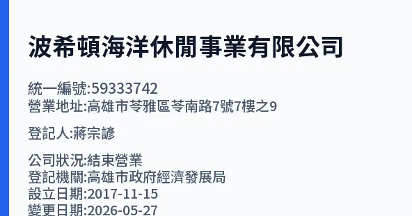 波希頓海洋休閒事業有限公司的照片-統編 59333742(高雄市) 公司登記資料與營業項目詳細圖表