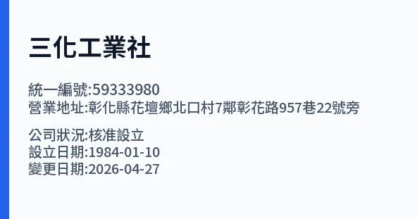 三化工業社的照片-統編 59333980(彰化縣) 公司登記資料與營業項目詳細圖表