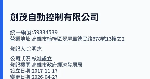創茂自動控制有限公司的照片-統編 59334539(高雄市) 公司登記資料與營業項目詳細圖表