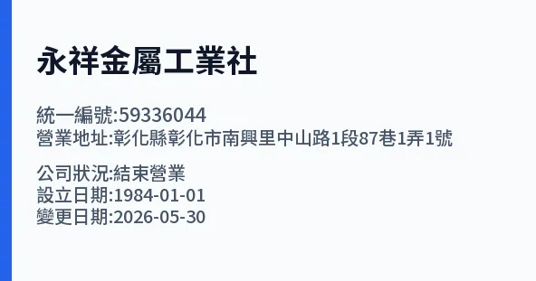 永祥金屬工業社的照片-統編 59336044(彰化縣) 公司登記資料與營業項目詳細圖表