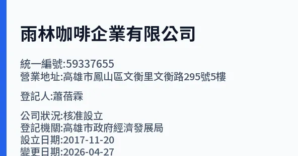 雨林咖啡企業有限公司的照片-統編 59337655(高雄市) 公司登記資料與營業項目詳細圖表