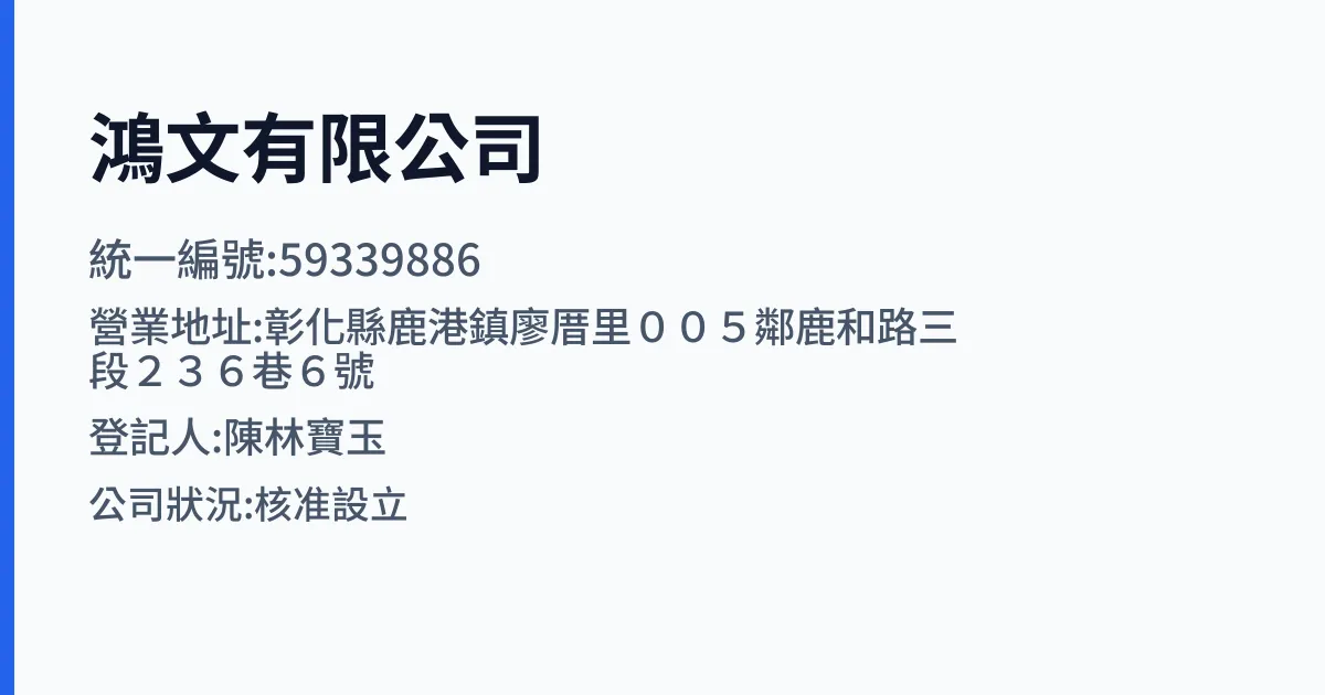 鴻文有限公司 - 統編 59339886(彰化縣) 公司登記資料與營業項目詳細圖表
