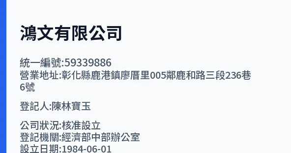 鴻文有限公司的照片-統編 59339886(彰化縣) 公司登記資料與營業項目詳細圖表
