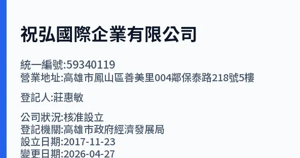 祝弘國際企業有限公司的照片-統編 59340119(高雄市) 公司登記資料與營業項目詳細圖表