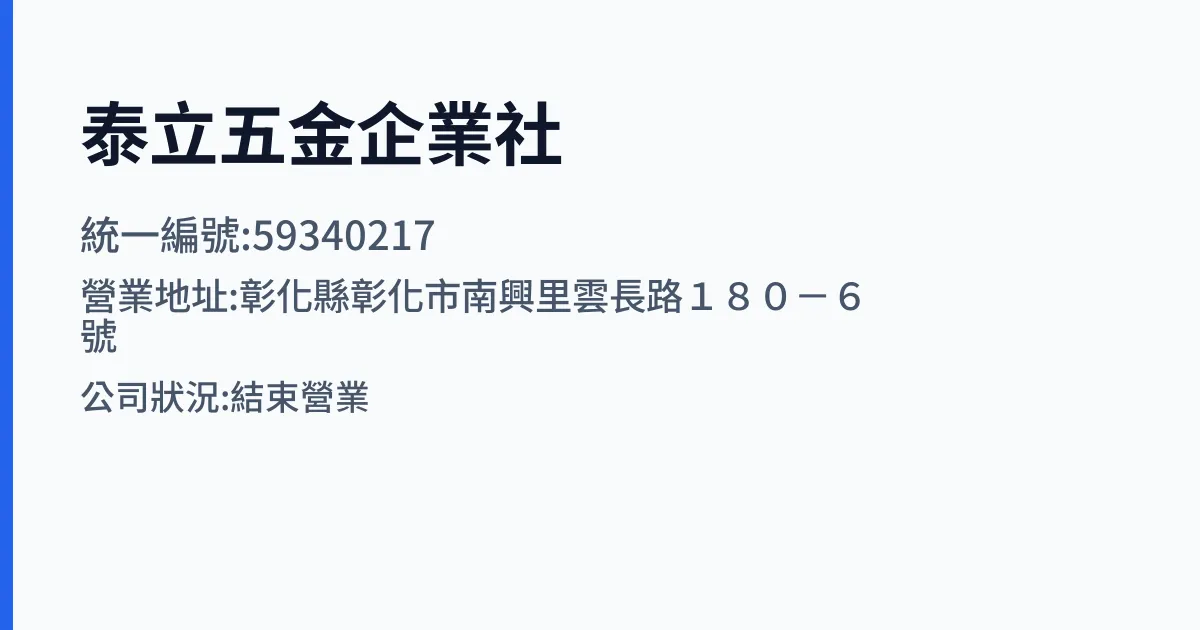 泰立五金企業社 - 統編 59340217(彰化縣) 公司登記資料與營業項目詳細圖表