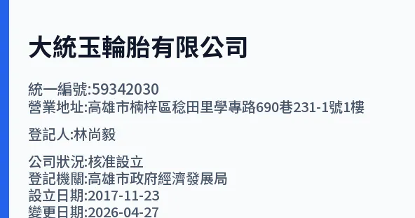 大統玉輪胎有限公司的照片-統編 59342030(高雄市) 公司登記資料與營業項目詳細圖表