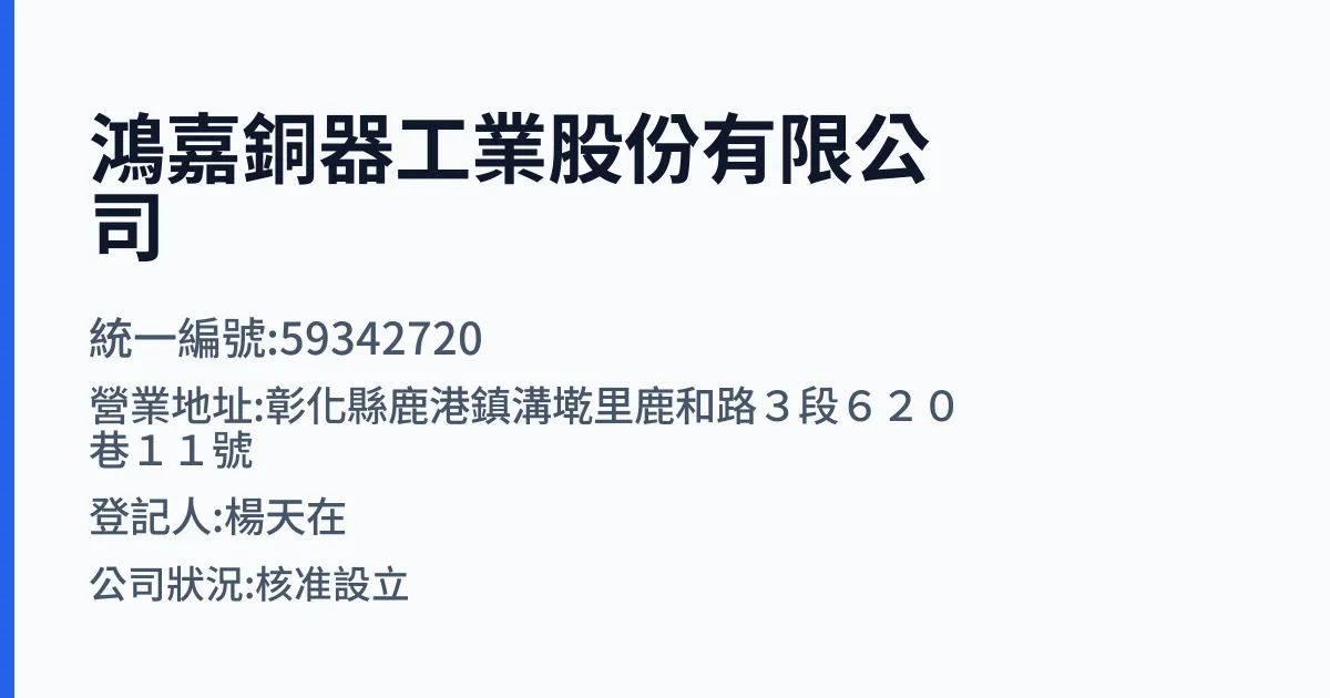鴻嘉銅器工業股份有限公司 - 統編 59342720(彰化縣) 公司登記資料與營業項目詳細圖表