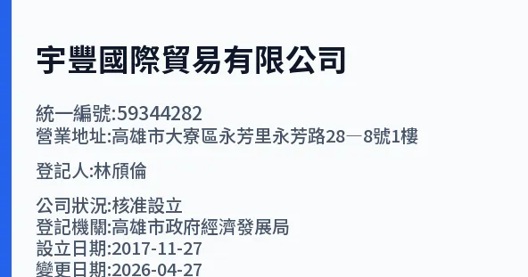 宇豐國際貿易有限公司的照片-統編 59344282(高雄市) 公司登記資料與營業項目詳細圖表