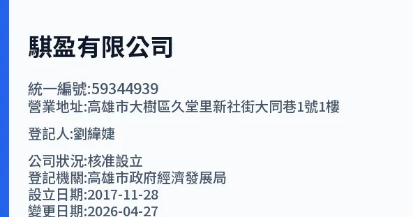 騏盈有限公司的照片-統編 59344939(高雄市) 公司登記資料與營業項目詳細圖表