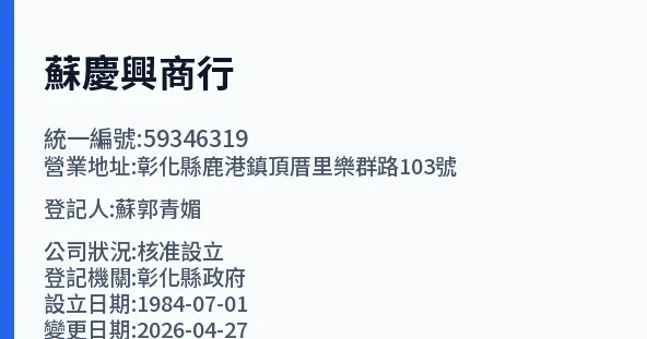 蘇慶興商行的照片-統編 59346319(彰化縣) 公司登記資料與營業項目詳細圖表