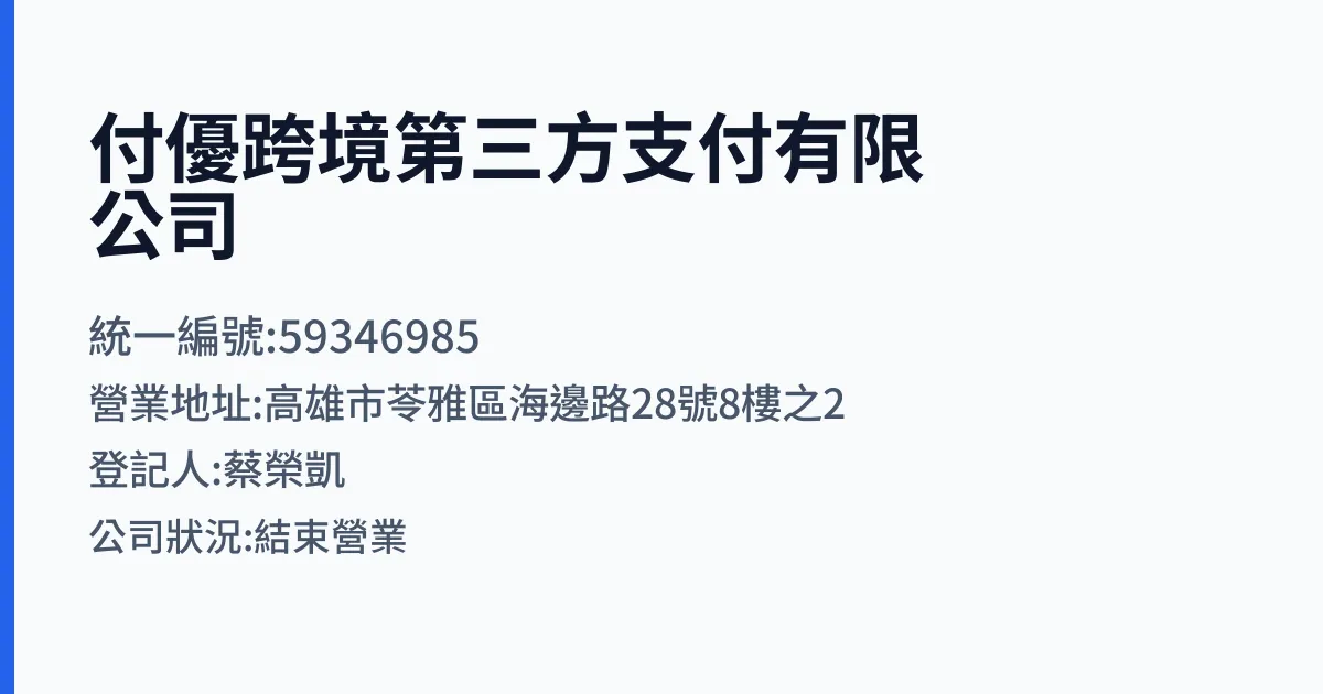 付優跨境第三方支付有限公司 - 統編 59346985(高雄市) 公司登記資料與營業項目詳細圖表