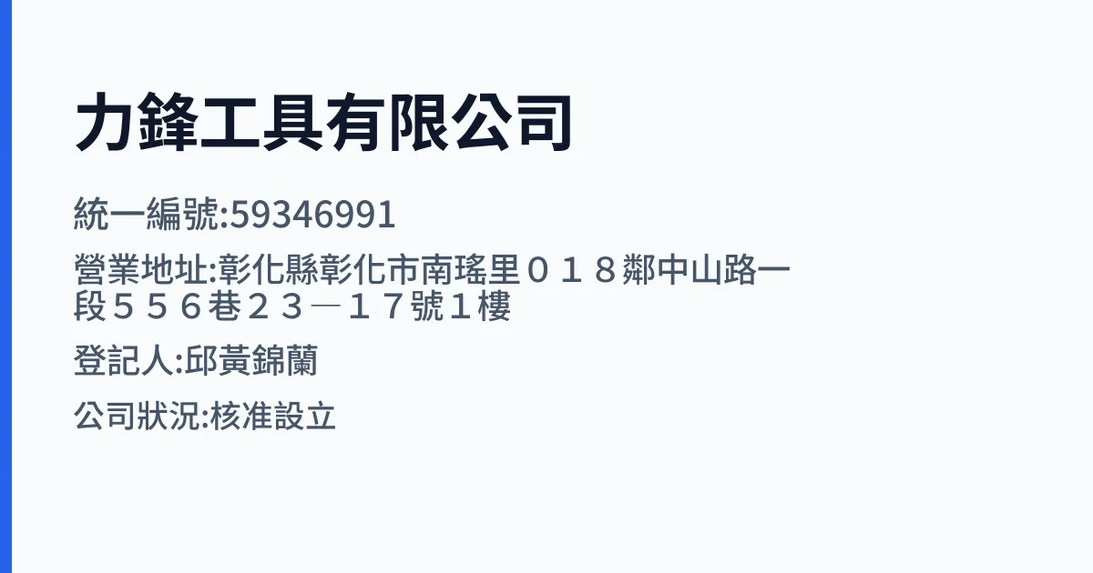 力鋒工具有限公司 - 統編 59346991(彰化縣) 公司登記資料與營業項目詳細圖表