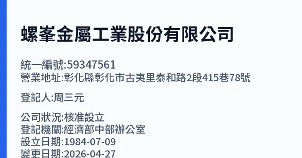 螺峯金屬工業股份有限公司的照片-統編 59347561(彰化縣) 公司登記資料與營業項目詳細圖表