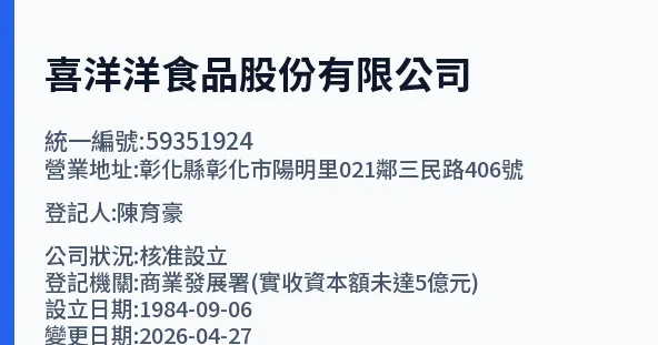 喜洋洋食品股份有限公司的照片-統編 59351924(彰化縣) 公司登記資料與營業項目詳細圖表