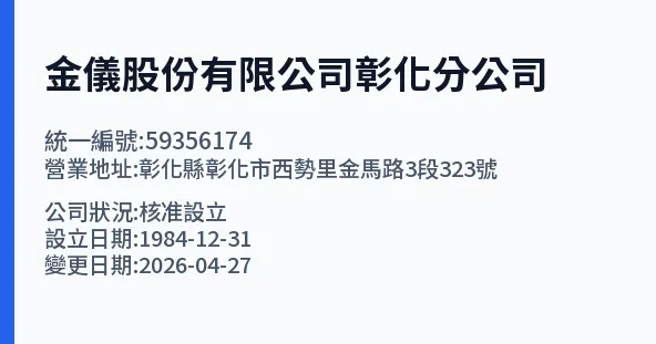 金儀股份有限公司彰化分公司的照片-統編 59356174(彰化縣) 公司登記資料與營業項目詳細圖表