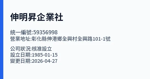伸明昇企業社的照片-統編 59356998(彰化縣) 公司登記資料與營業項目詳細圖表