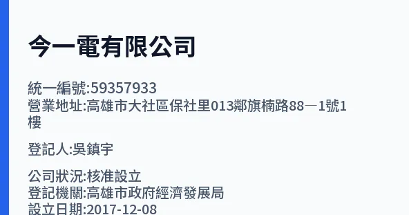 今一電有限公司的照片-統編 59357933(高雄市) 公司登記資料與營業項目詳細圖表