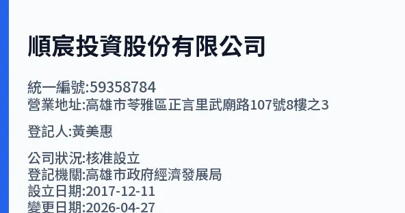 順宸投資股份有限公司的照片-統編 59358784(高雄市) 公司登記資料與營業項目詳細圖表